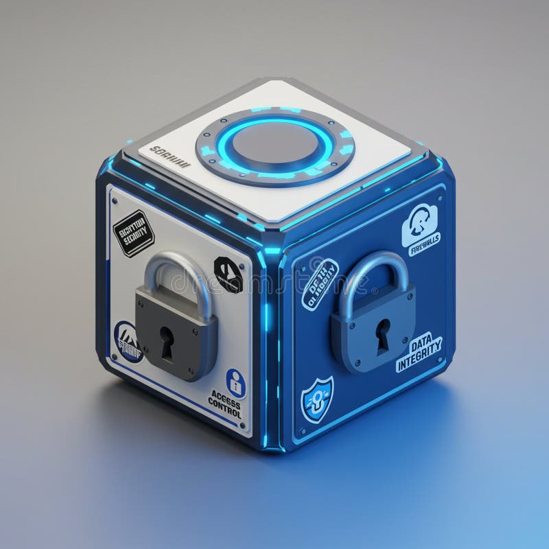 Cube with Glossy Blue and White Surfaces, Featuring Digital Security ...