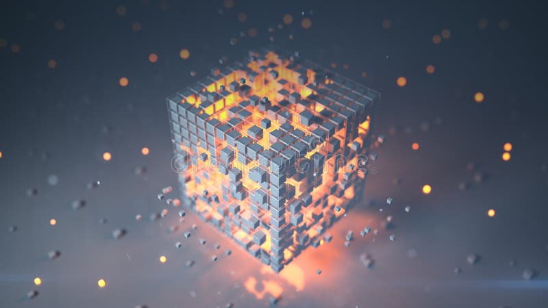 Cube with Glowing Blocks 3D Render Stock Illustration - Illustration of ...