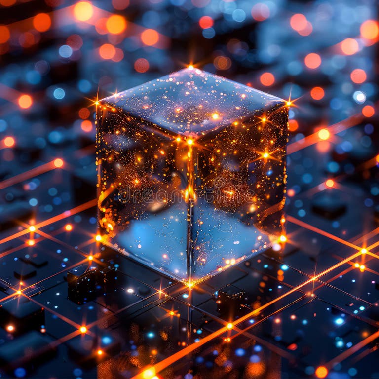A Cube with a Glowing Surface is Surrounded by a Pattern of Lights ...