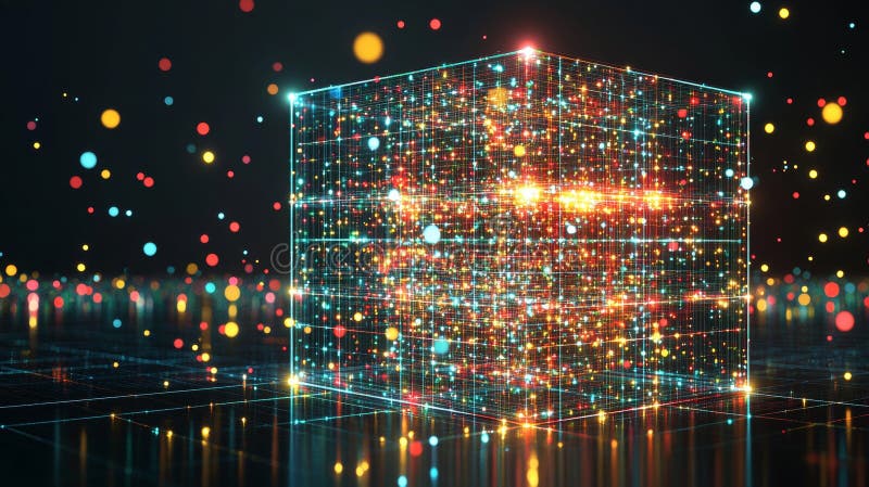 A Cube that Glows with Neon Light is Set Against a Dark, Abstract, and ...