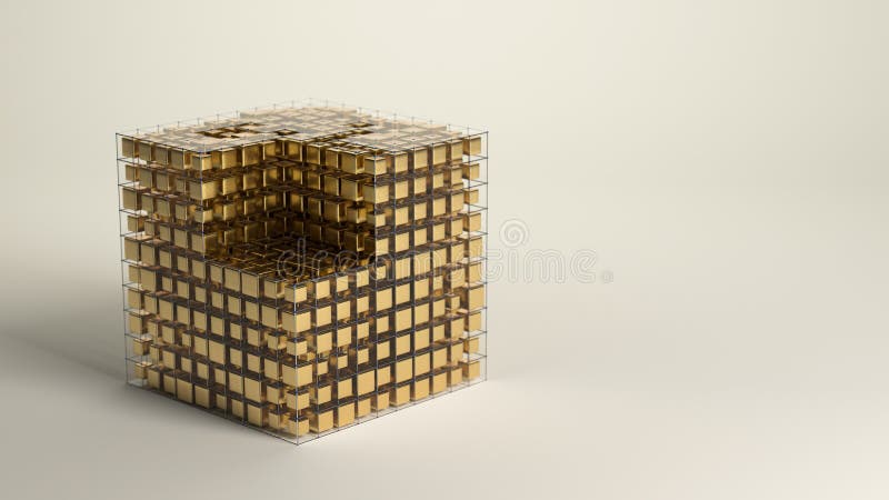 Cube Grid with Different Sized Goldboxes - 3D Rendered Illustration ...
