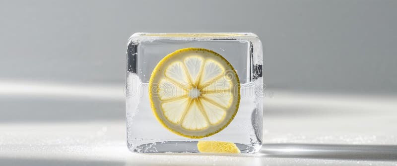 A Cube of Ice with a Lemon Slice Frozen Inside Stock Image - Image of ...