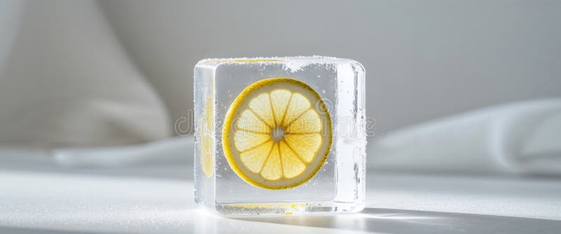 A Cube of Ice with a Lemon Slice Frozen Inside. Stock Photo - Image of ...