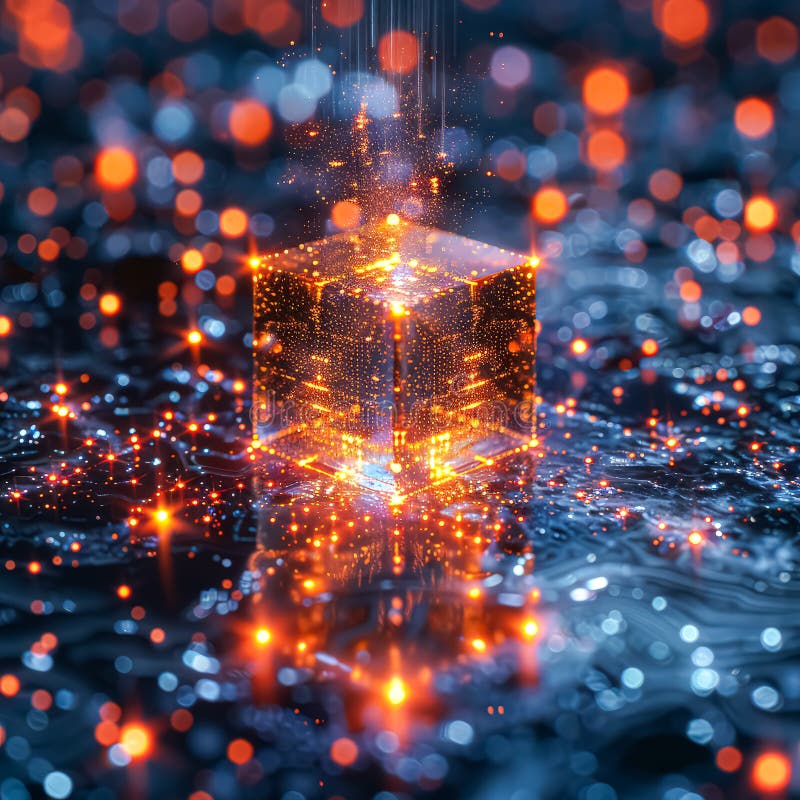A Cube is Lit Up with Bright Orange Lights and Surrounded by a Blue ...