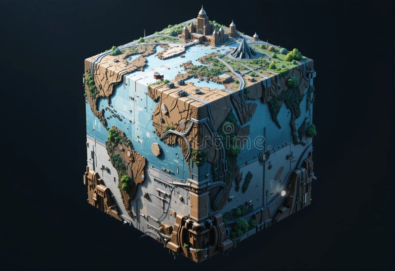 A Cube Made of Blocks with a Map of the World on it Stock Illustration ...
