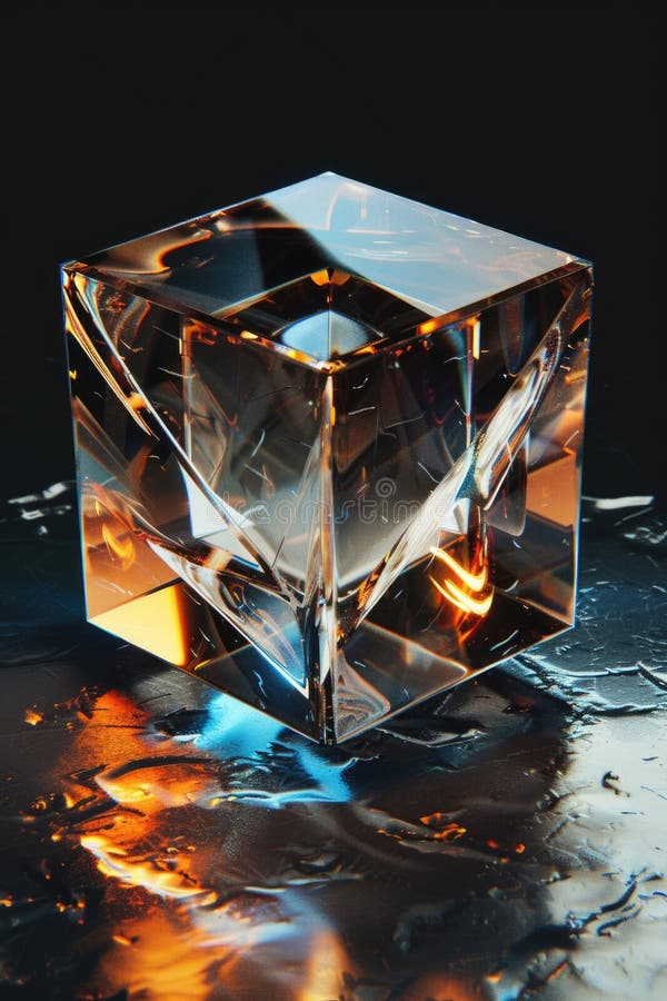 A Cube Made of Glass is Sitting on a Dark Surface Stock Photo - Image ...