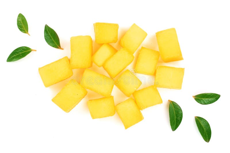 Cube of Mango Fruit Decorated with Leaves Isolated on White Background ...