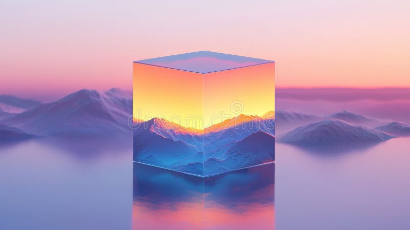 A Cube with a Mountain Landscape Inside Sits on a Reflective Surface ...