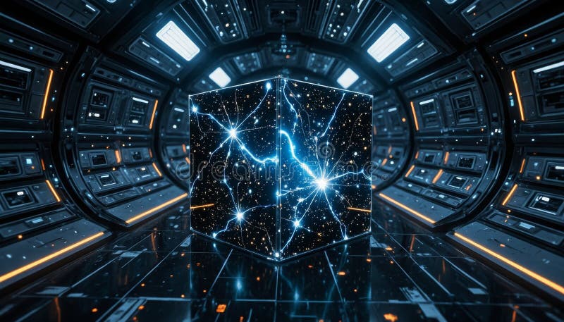 A Cube with Neon Lightning and Dots Inside, Floating in a Futuristic ...