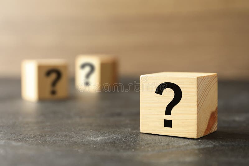 Cube with Question Mark on Stone Table, Closeup. Space for Text Stock ...