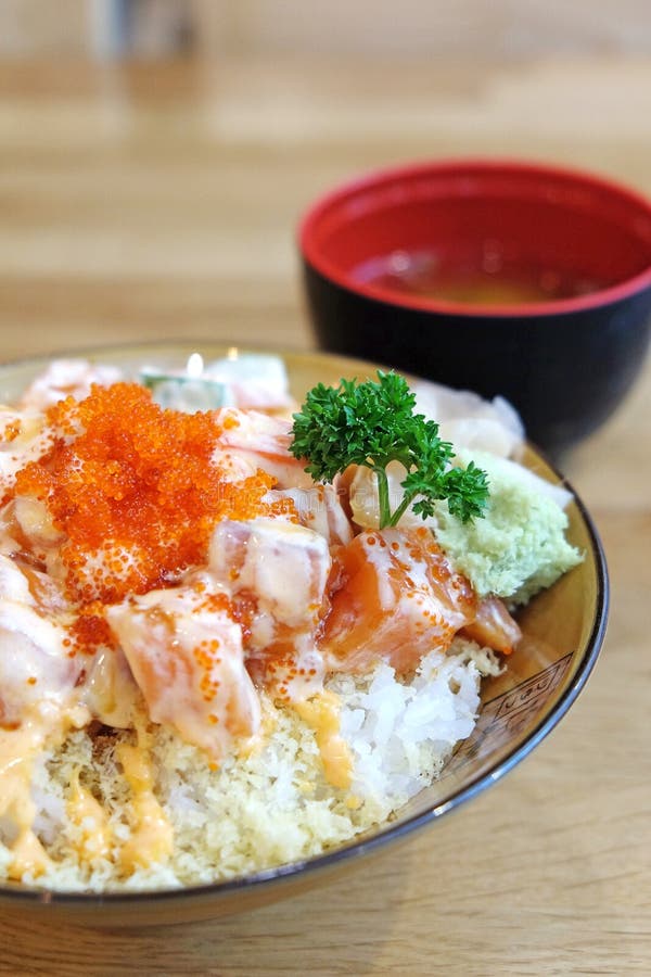 Cube Salmon Spicy Salad on Rice with Crunchy on Top Stock Photo - Image ...