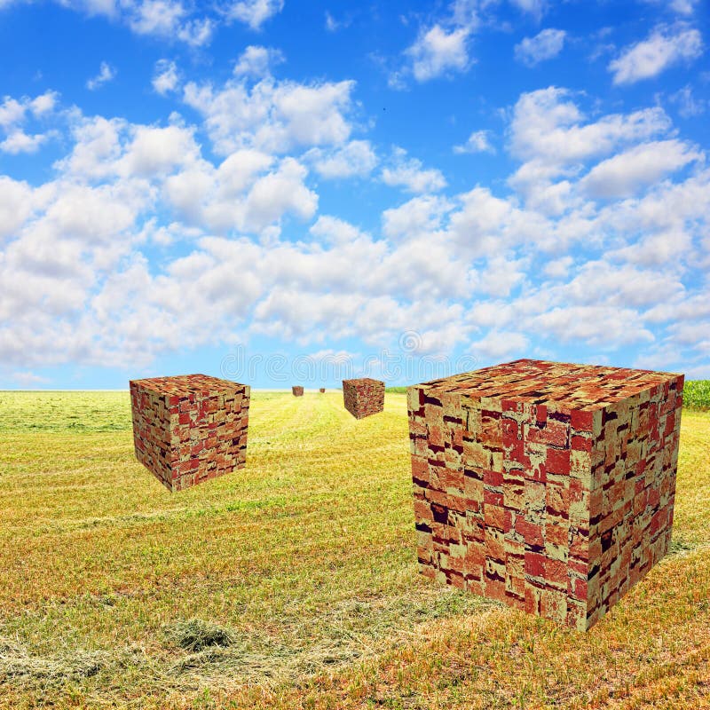 Cube Shape Brick Stacks on Yellow Field Against Blue Cloudy Sky. Stock ...