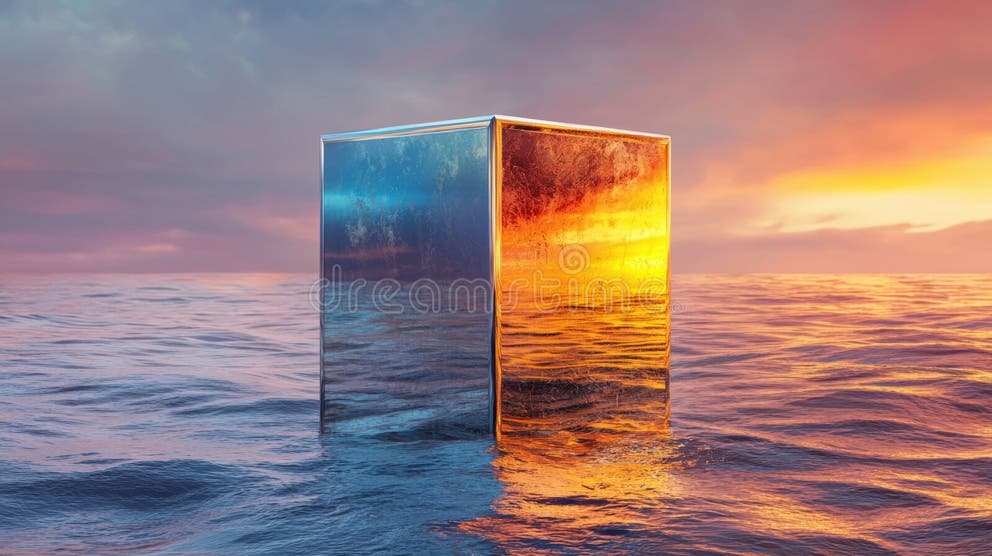A Cube-shaped Object Floats in the Ocean at Sunset. Stock Image - Image ...