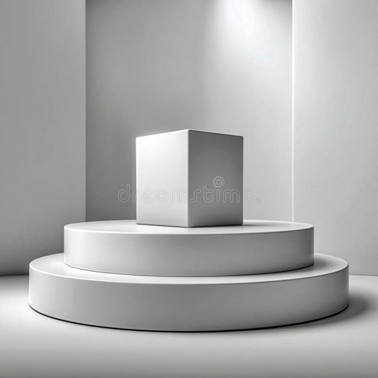 Cube Atop Two Tiered Round Platforms in a Studio Setting Stock Illustration - Illustration of ...