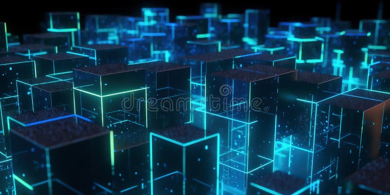 Cube Technology on Converging Point of Circuit with Abstract Blue Background. Blockchain Network ...