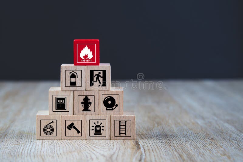Cube Wooden Block Stack with Fire Prevent Icon Stock Photo - Image of ...