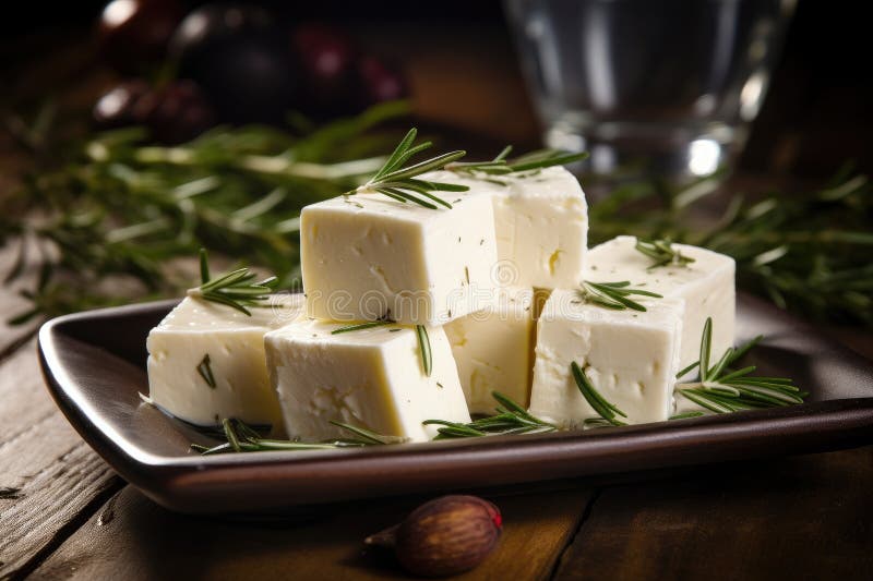 Cubed Feta Cheese on a Rustic Plate with Rosemary Stock Illustration ...