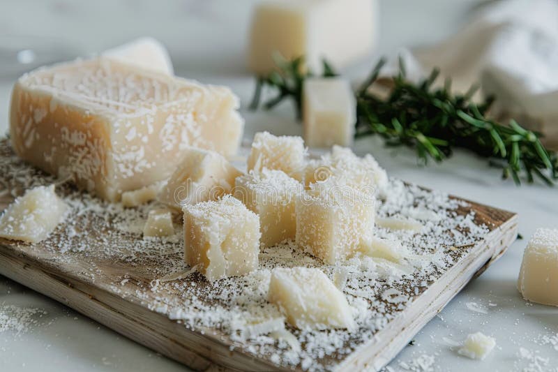 Cubed Parmesan Cheese on a Board Against a Light Background Stock Image ...