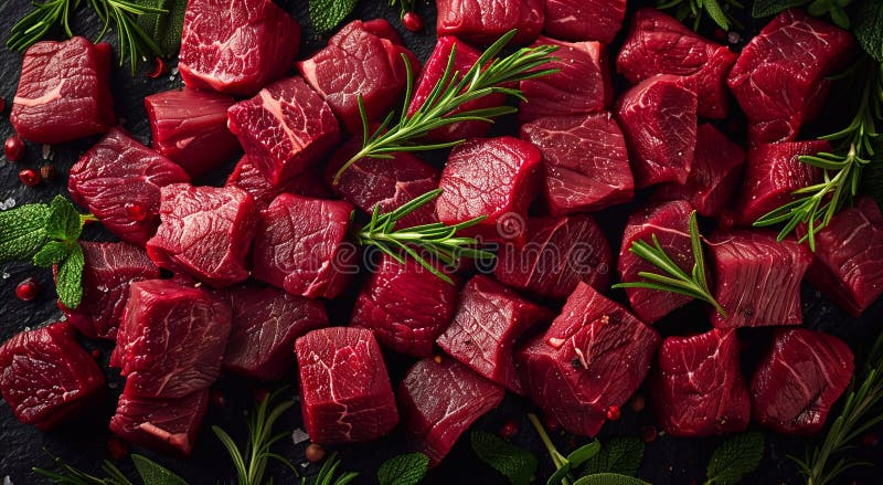 Cubed Pieces of Raw Low Fat Goulash Beef Pieces on Table Wit Herbs and ...