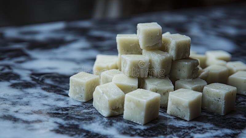 Cubes of Blue Cheese Stacked on a Dark Marble Surface Stock ...