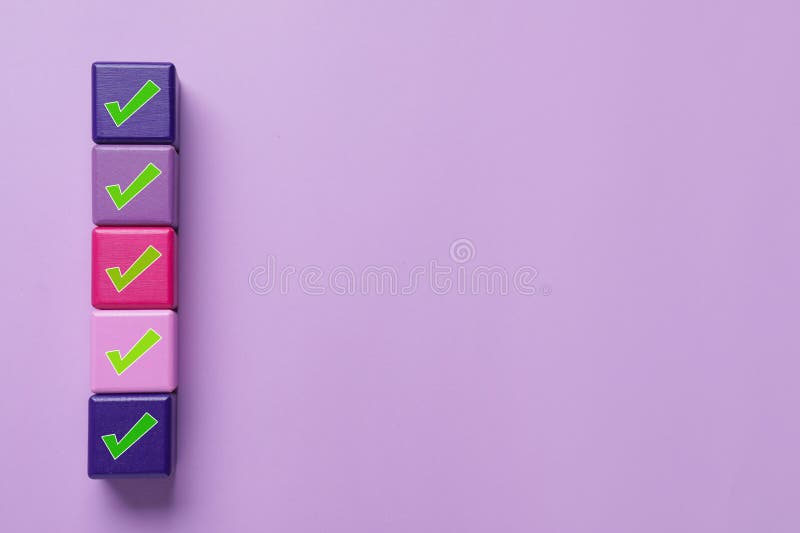 Cubes with Check Marks on Light Violet Background, Top View. Space for ...