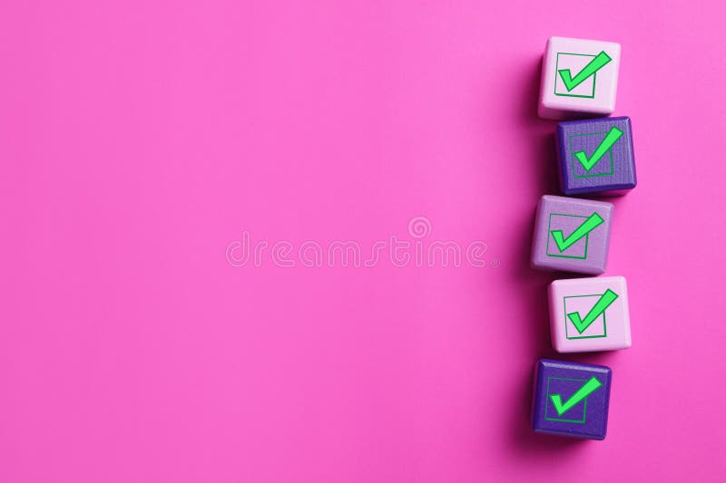Cubes with Check Marks on Pink Background, Flat Lay. Space for Text ...