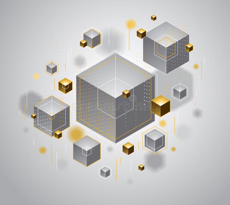 Cubes Cluster with Golden Elements Lines and Dots Vector Abstract ...