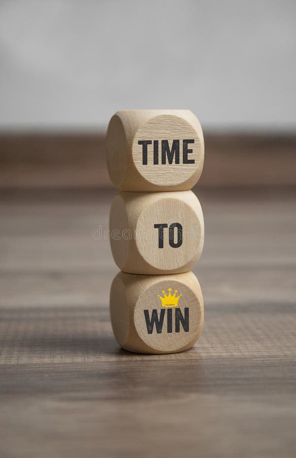 Cubes and Dice with Time To Win and Crown on Wooden Background Stock ...