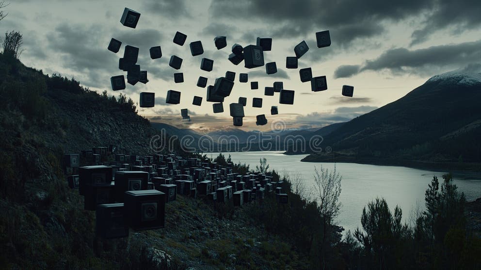 Cubes Falling Mountain Lake Sunset Digital Art Stock Image - Image of ...