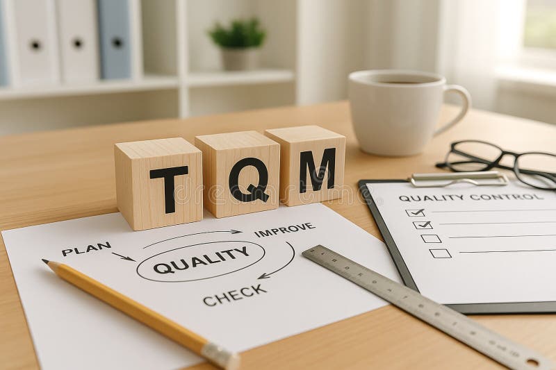 Cubes Forming TQM Acronym Placed Over PDCA Cycle Diagram Representing ...