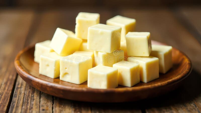 Cubes of Fresh Yellow Cheese on Rustic Wooden Plate Stock Illustration ...