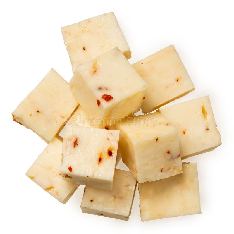 Cubes of Halloumi Cheese with Red Chilli Isolated on White from Above ...