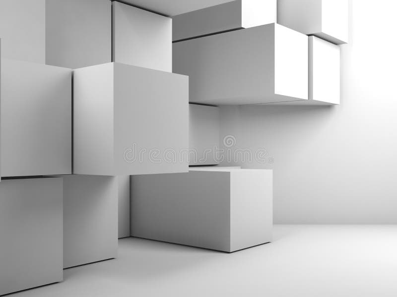 Cubes Installation in Empty Room. 3d Render Stock Illustration ...