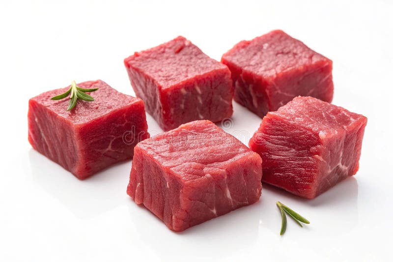 Cubes of Raw Beef â€ Fresh Red Meat on White Background Stock ...