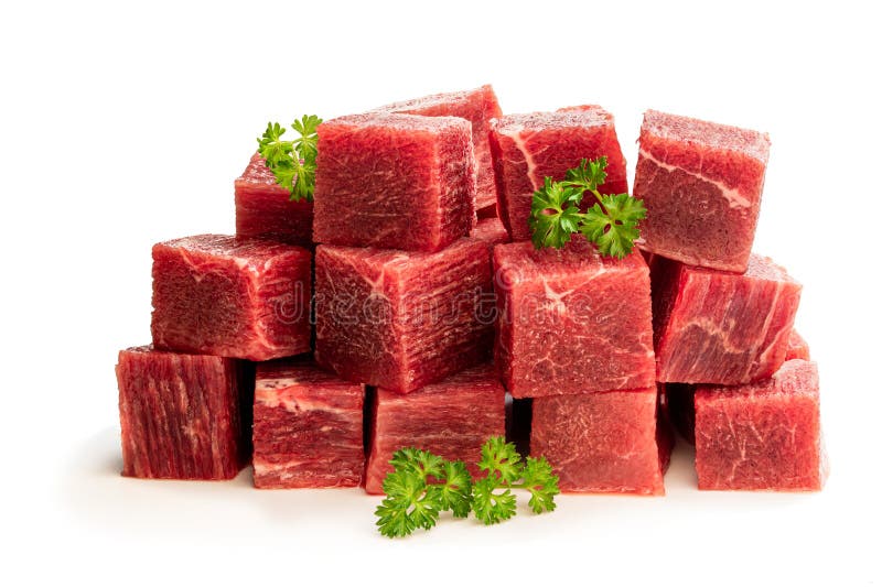 Cubes of Raw Beef Meat Isolated on White Stock Image - Image of meat ...