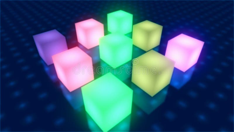 Cubes in a Row with Nice Glowing Effects Over Shiny Surface, 3D Render ...