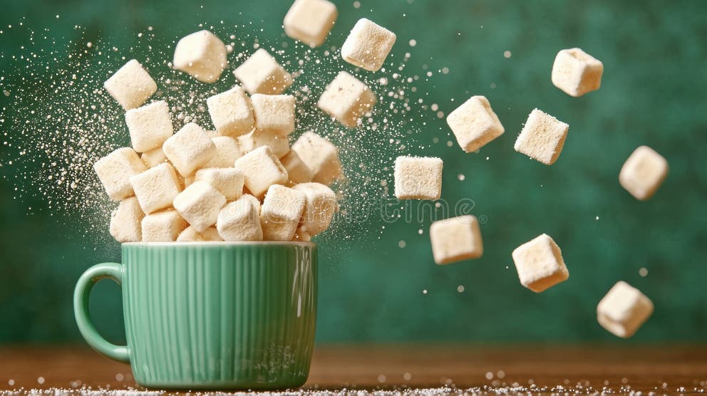 Cubes of Sugar Falling into a Green Cup on a Wooden Table with a ...