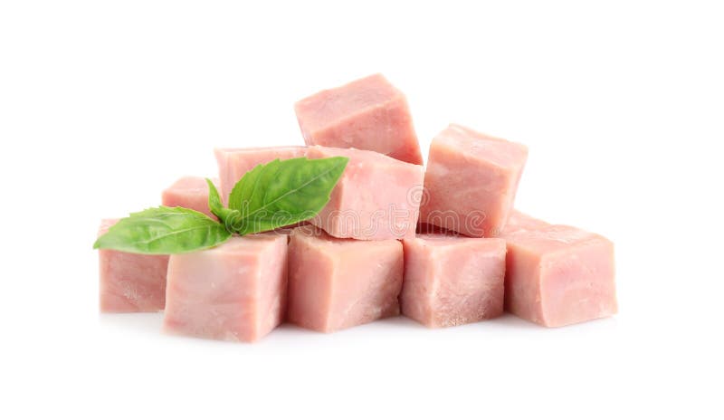 Cubes of Tasty Fresh Ham with Basil Isolated on White Stock Image ...