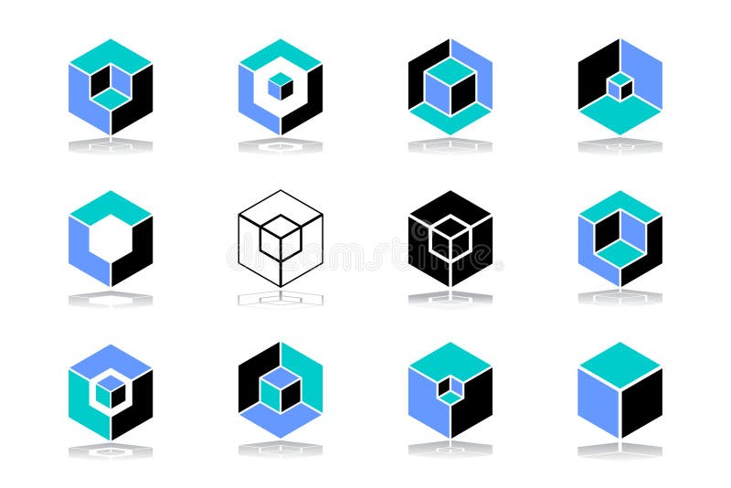 Cubic Shape Icons Set. Geometric Design Elements. 3D Optical Illusion ...