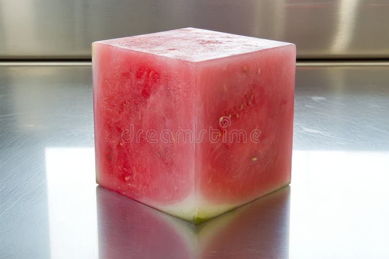 Cubical Watermelon Piece with Precise Edges Placed on a Reflective ...