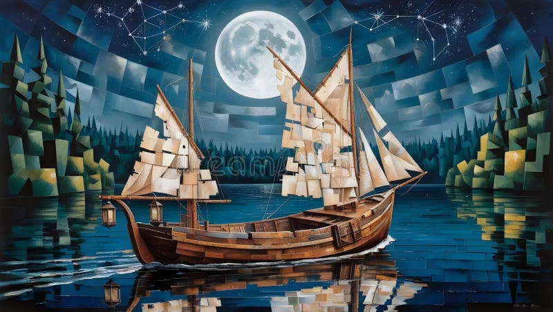 Cubism. Vintage Style Boat on a Moonlit Lake on a Clear Night Stock ...