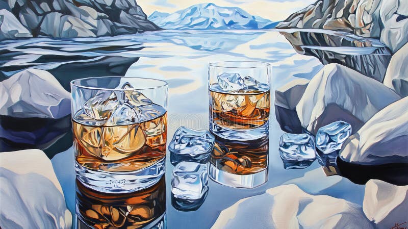 The Cubist Artistic View of Whiskey on the Rocks Featuring Detailed ...
