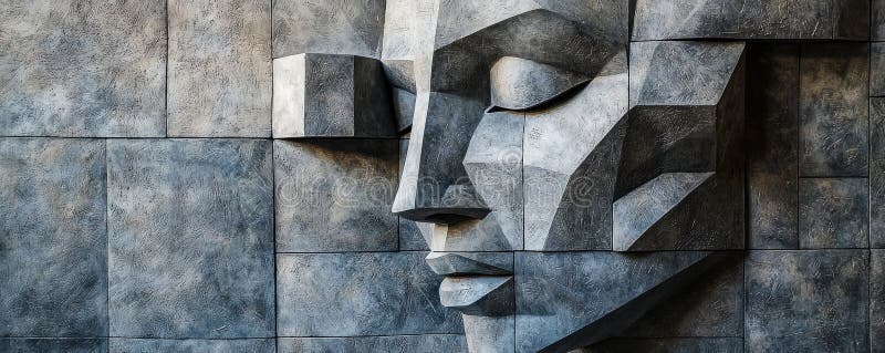 Cubist Bas-relief Artwork Featuring an Abstract Face on Textured Stone ...