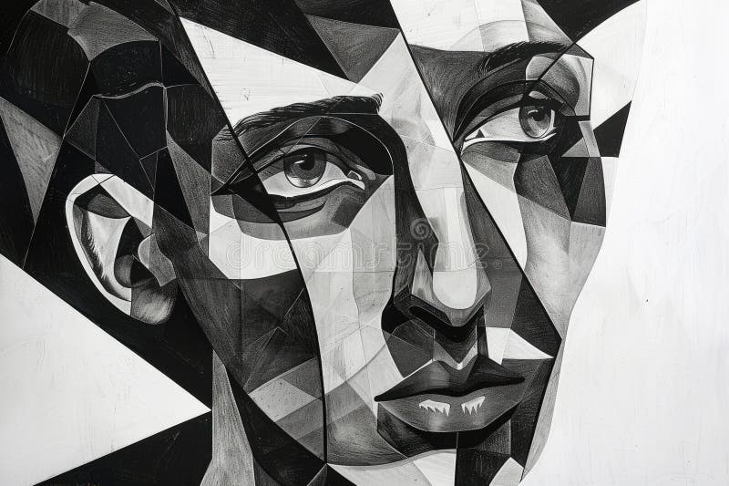 Cubist Black and White Drawing of a Man S Face on a White Background ...