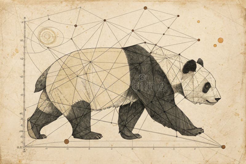 A Cubist Drawing of a Panda, Depicted in Minimalist Analytical Style ...