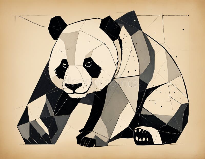 A Cubist Drawing of a Panda, Depicted in Minimalist Analytical Style ...