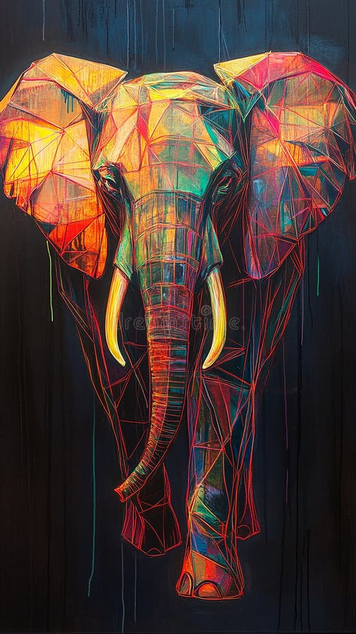 Cubist Elephant with Glowing Lines and Geometric Patterns Stock ...