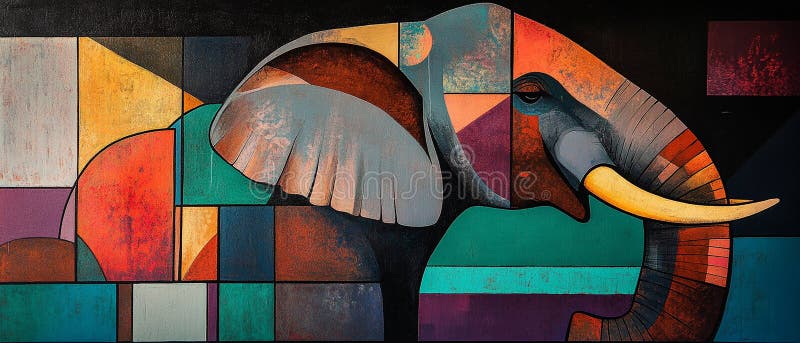 Cubist Elephant with Glowing Lines and Geometric Patterns Stock ...