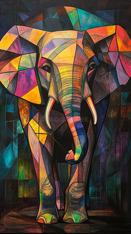Cubist Elephant with Glowing Lines and Geometric Patterns Stock ...