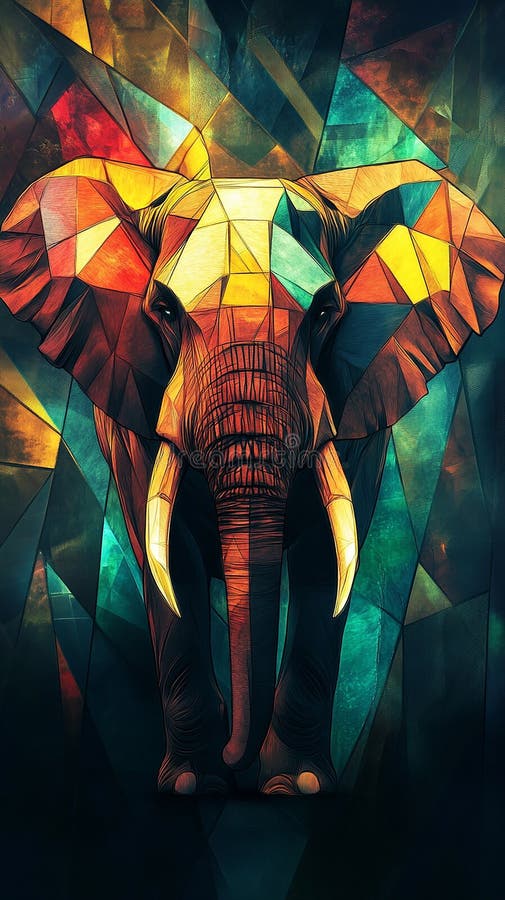 Cubist Elephant with Glowing Lines and Geometric Patterns Stock ...